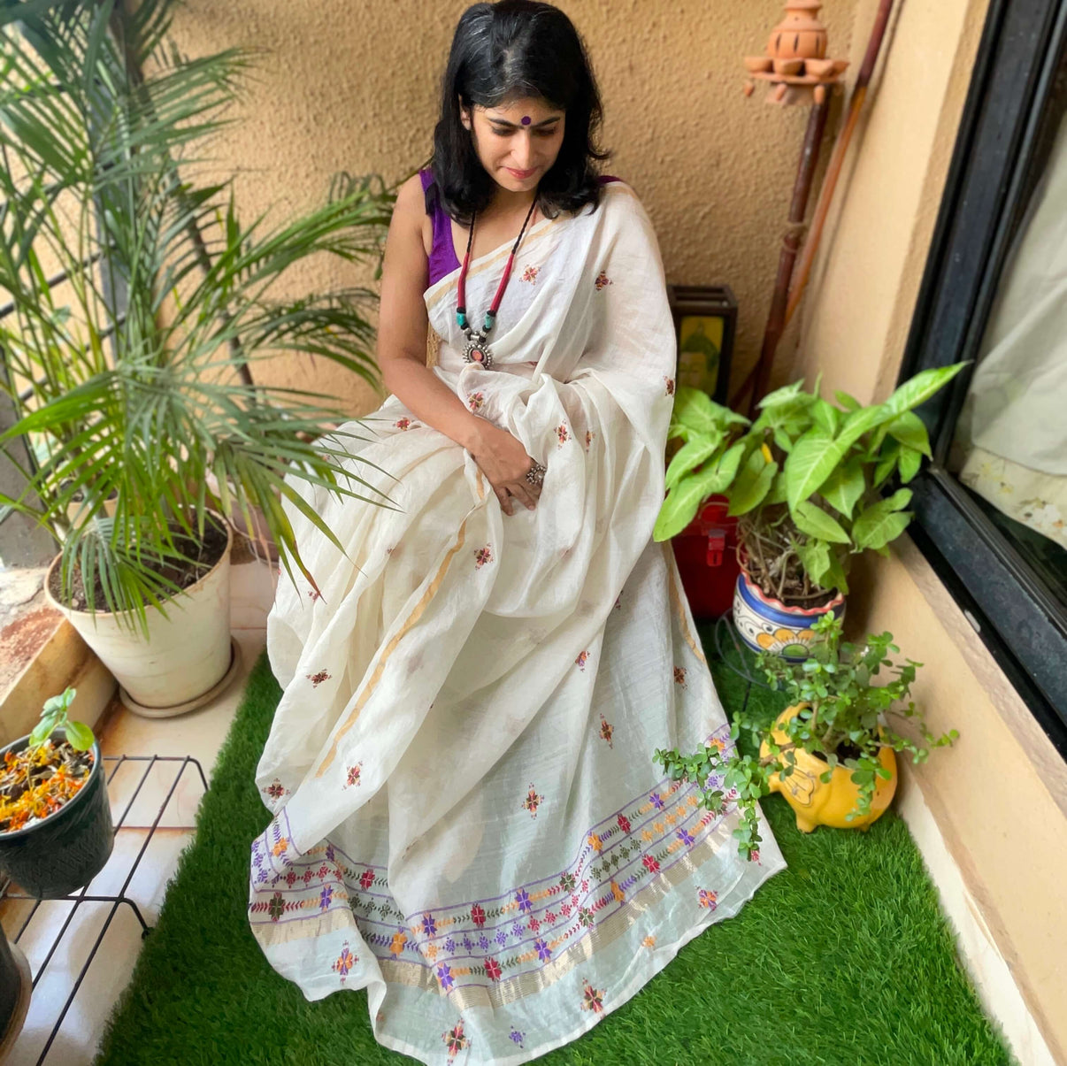 White chanderi Soof Embroidery saree – For Sarees