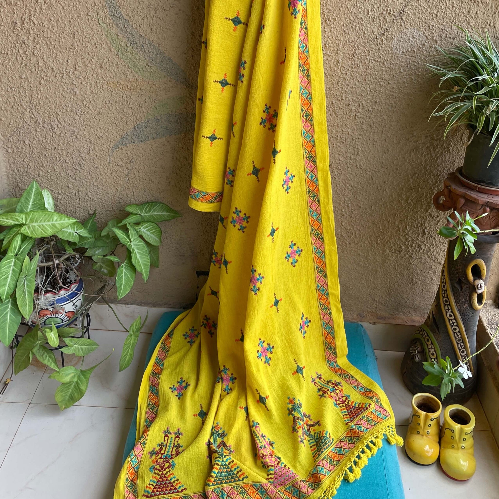 Soof Embroidery Kala cotton yellow saree – Forsarees